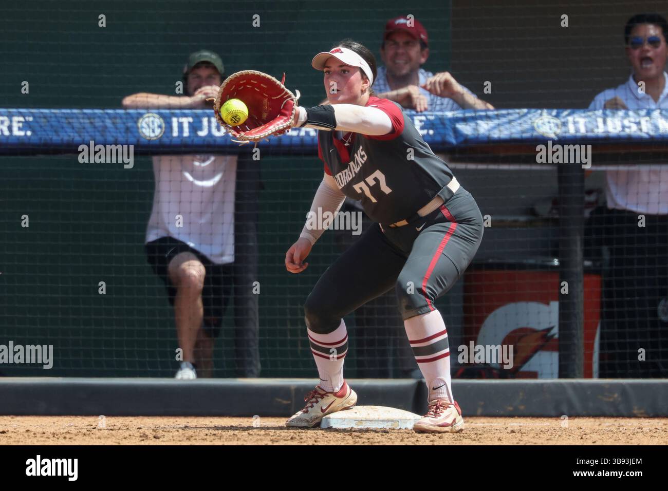 ATHENS, GA - MAY 08: Arkansas infielder Bri Ellis (77) catches the ball ...