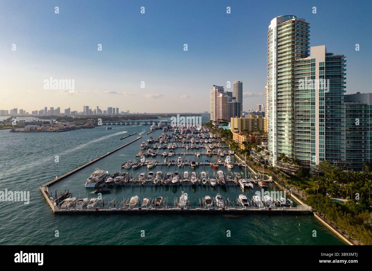 Aerial view of Miami marina with luxury yachts and tropical skyline ...