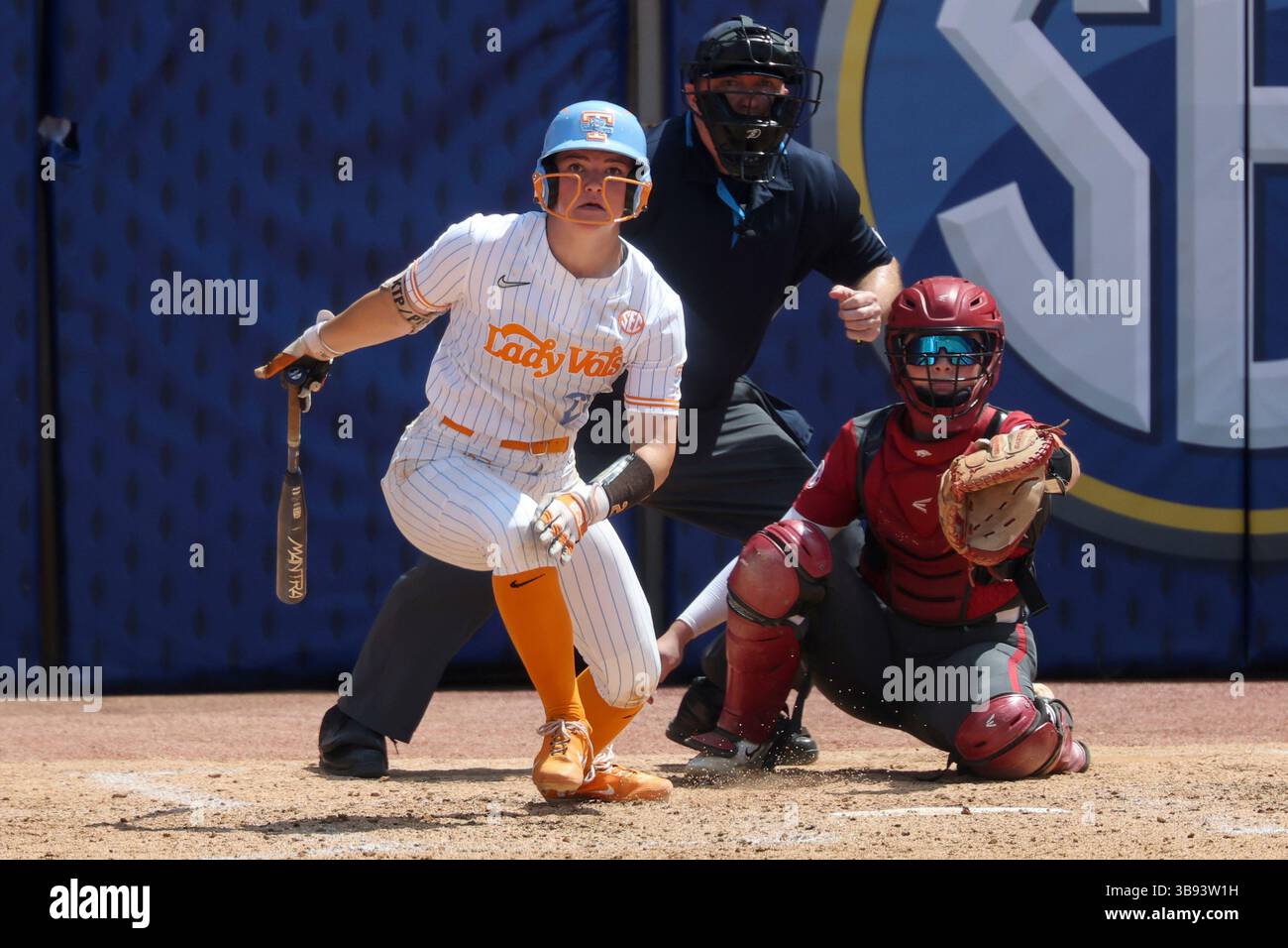 ATHENS, GA - MAY 08: Tennessee infielder Ella Dodge (25) watches the ball after she hits a line ...