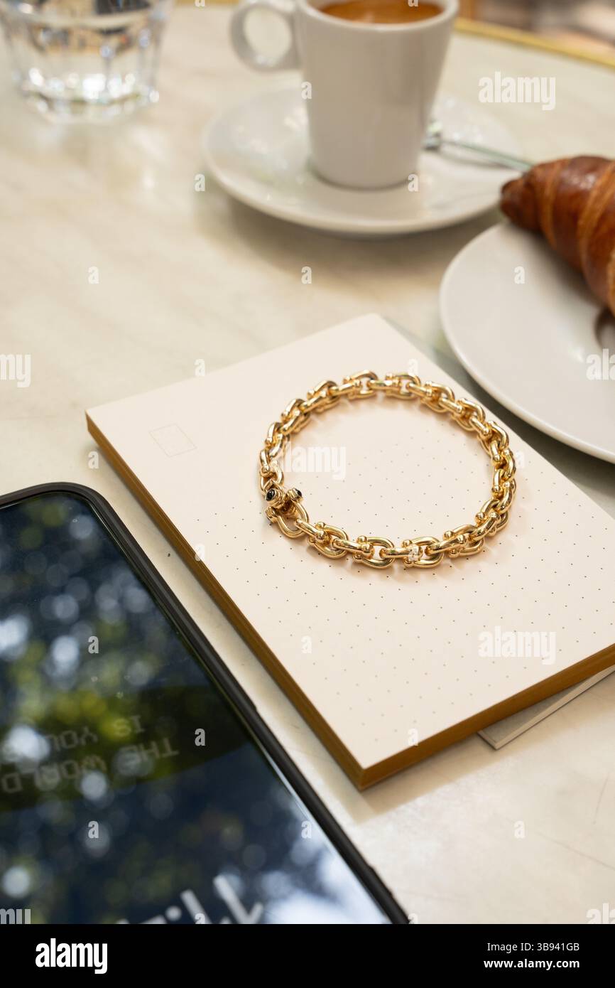Inspirational Cafe Flat Lay: Gold Bracelet, Notebook, Smartphone ...