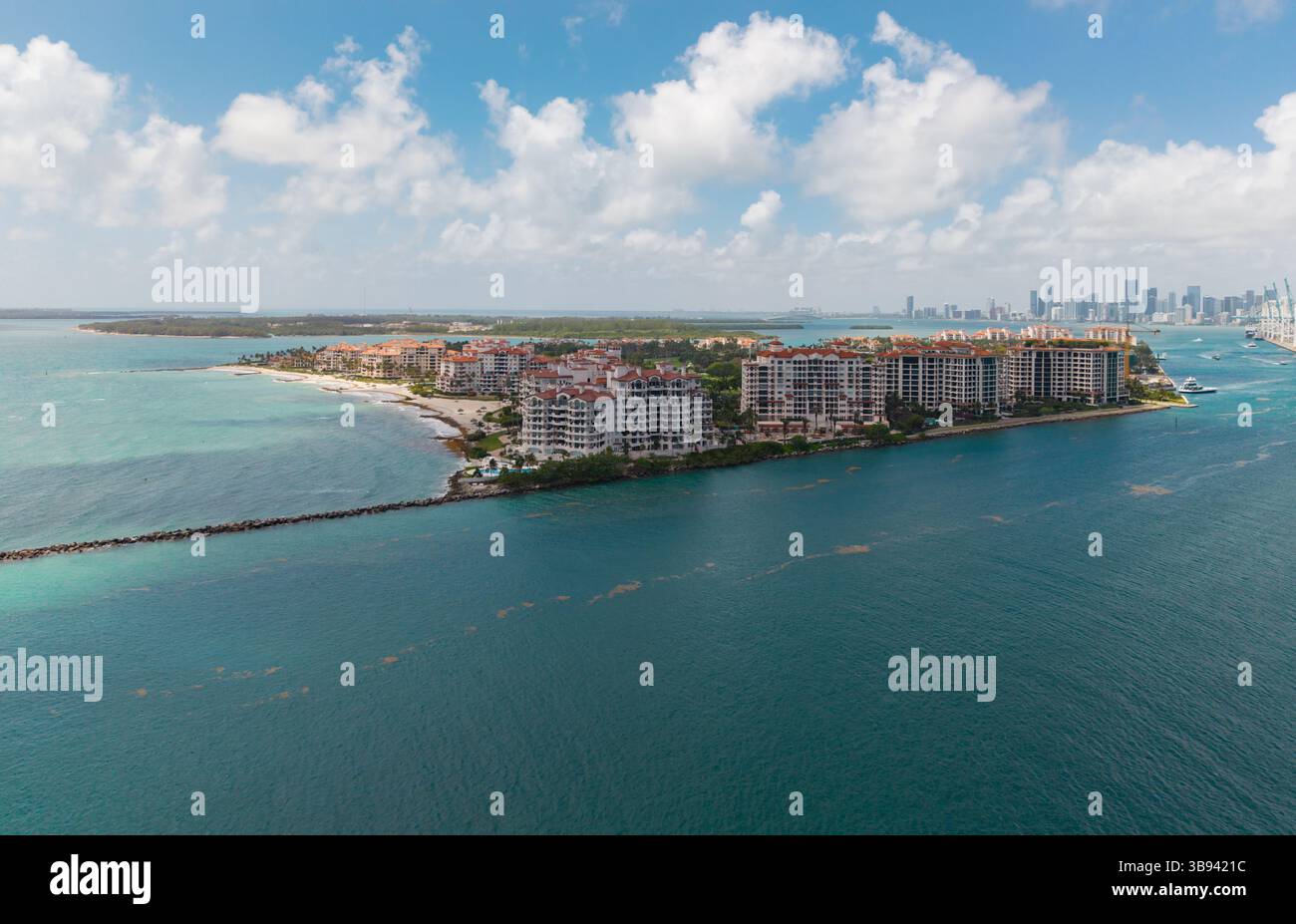 Fisher Island. Miami Beach aerial drone view with skyline. Miami from ...