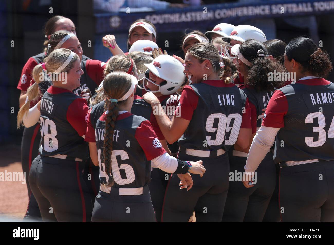 ATHENS, GA - MAY 08: Arkansas utility Raigan Kramer (1) is surrounded ...