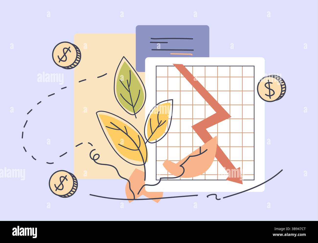 Falling graph trade war tariffs war economic decline coins leaves ...