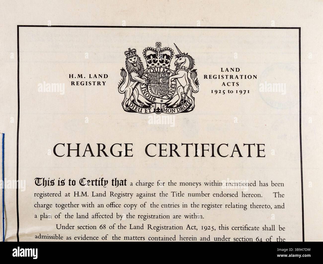 Front page of a Charge Certificate, as contained in the UK Title Deeds ...