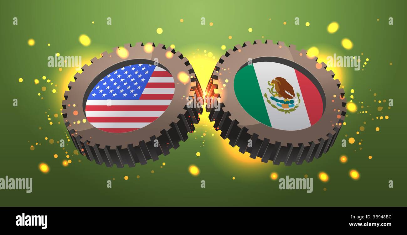 USA Mexico trade war tariffs war concept gears with national flags ...