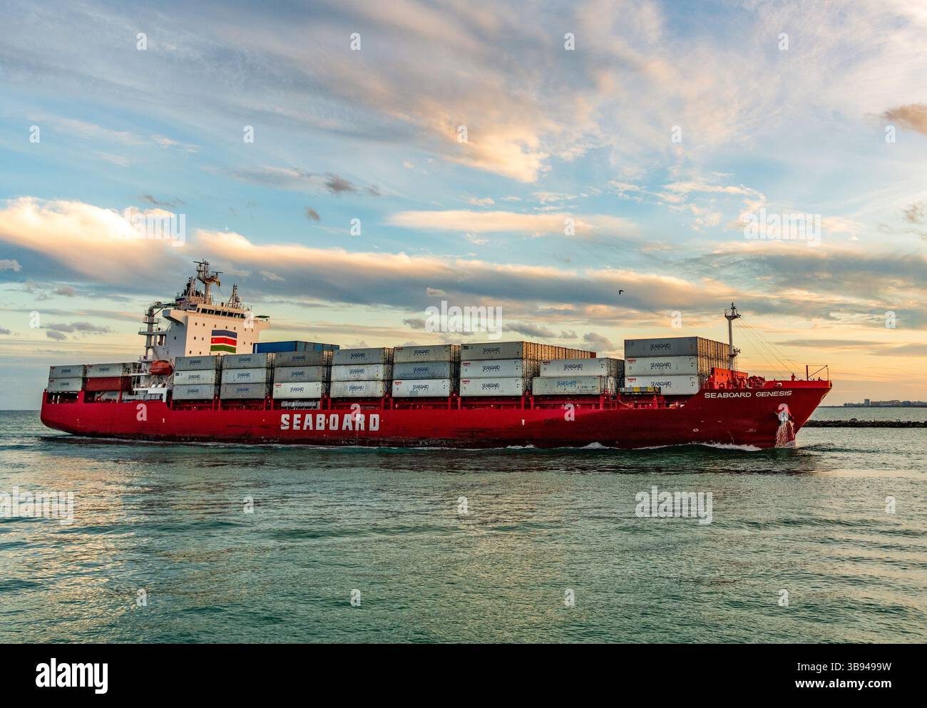 Miami, Florida, USA - January 03, 2025: Aerial cargo ship entering port ...