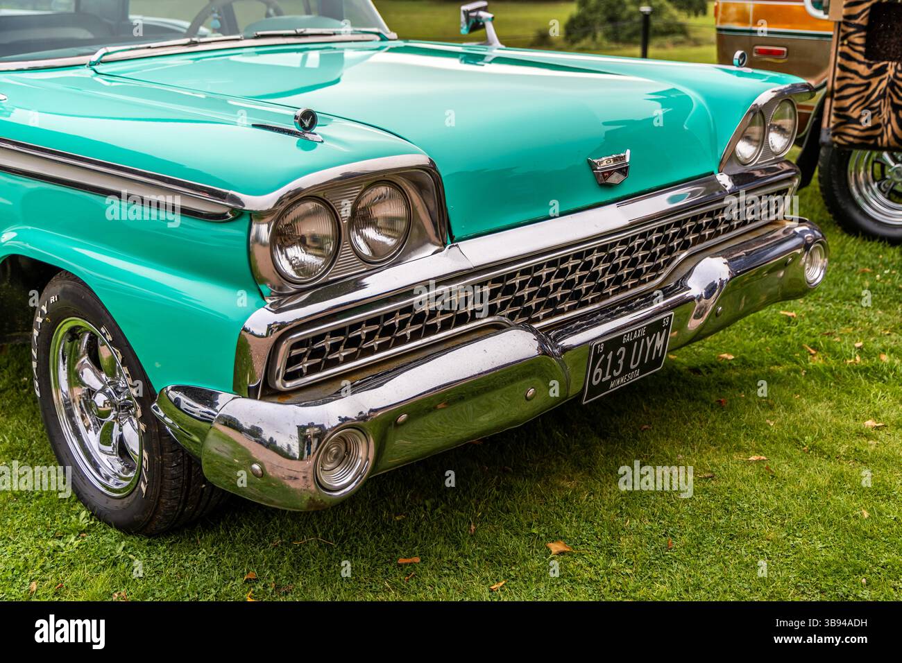 Bristol, UK- August 11, 2024: Front side view of a classic green ...