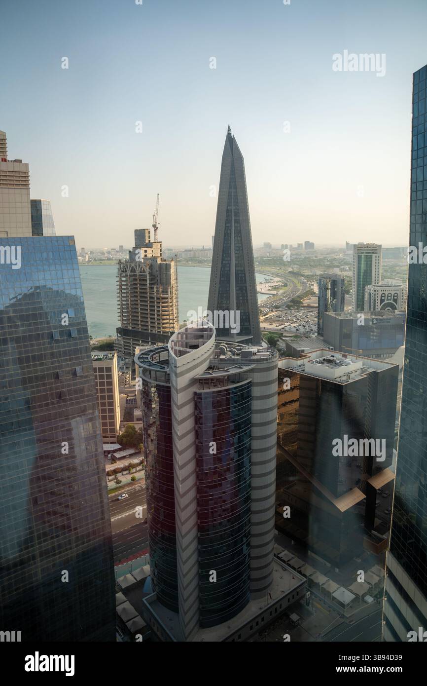A stunning view of the Doha skyline from the top of a skyscraper window ...