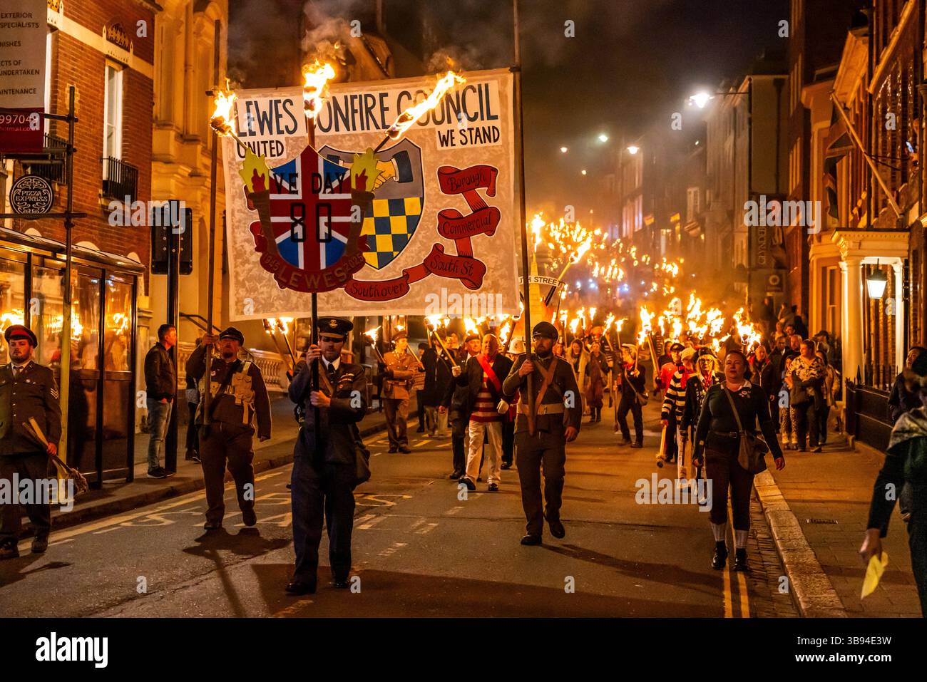 Lewes, UK. 8th May, 2025. Lewes Bonfire Societies commemorate the 80th ...