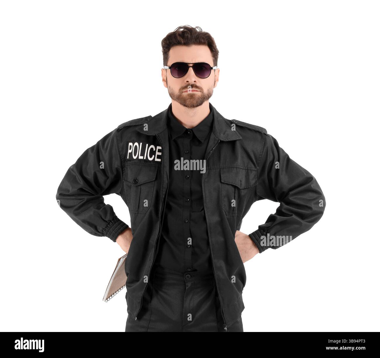 Male police officer with notebook isolated on white background Stock ...