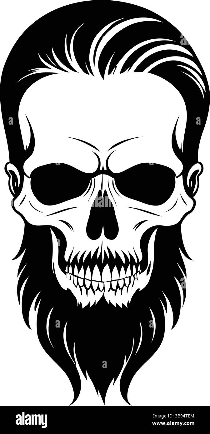 Vector silhouette of a skull with a stylish beard and hair, isolated in white. Ideal for edgy ...