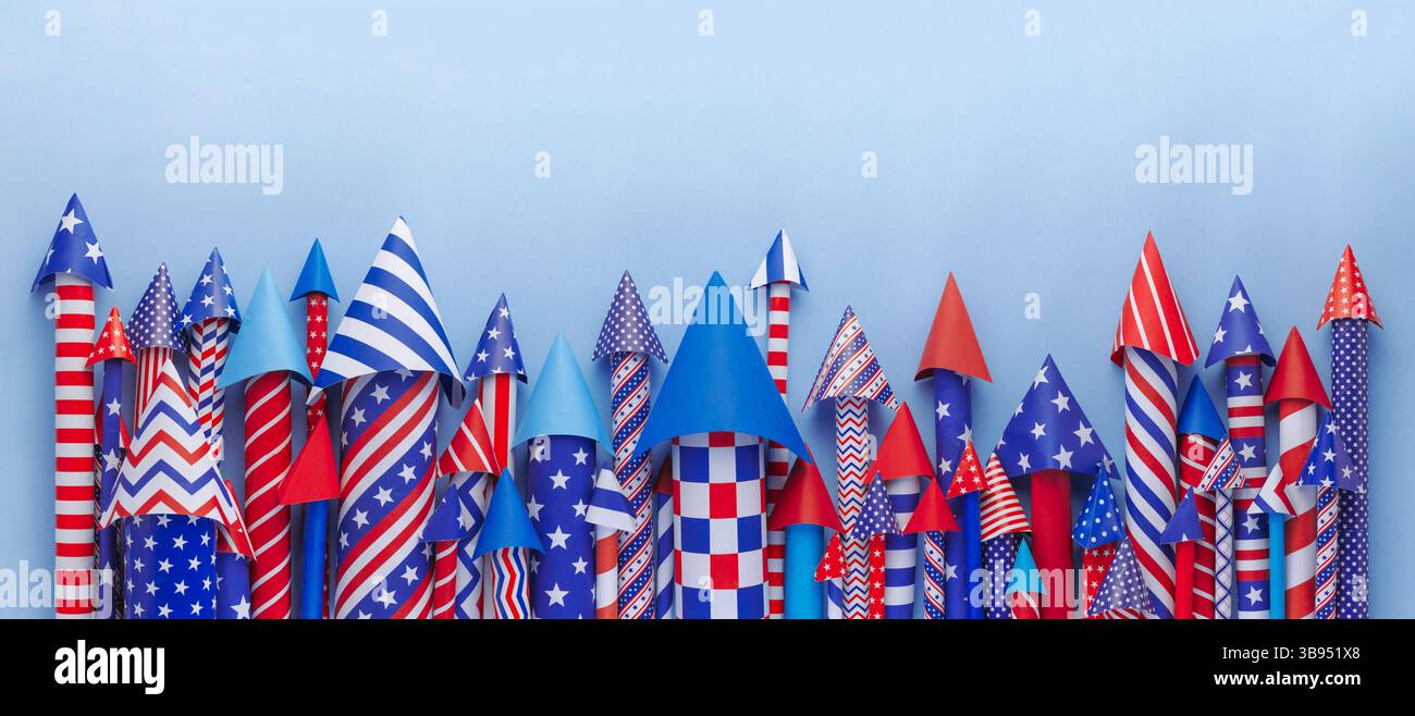 Banner of 4th of July bottle rockets or fireworks in USA colors of red ...