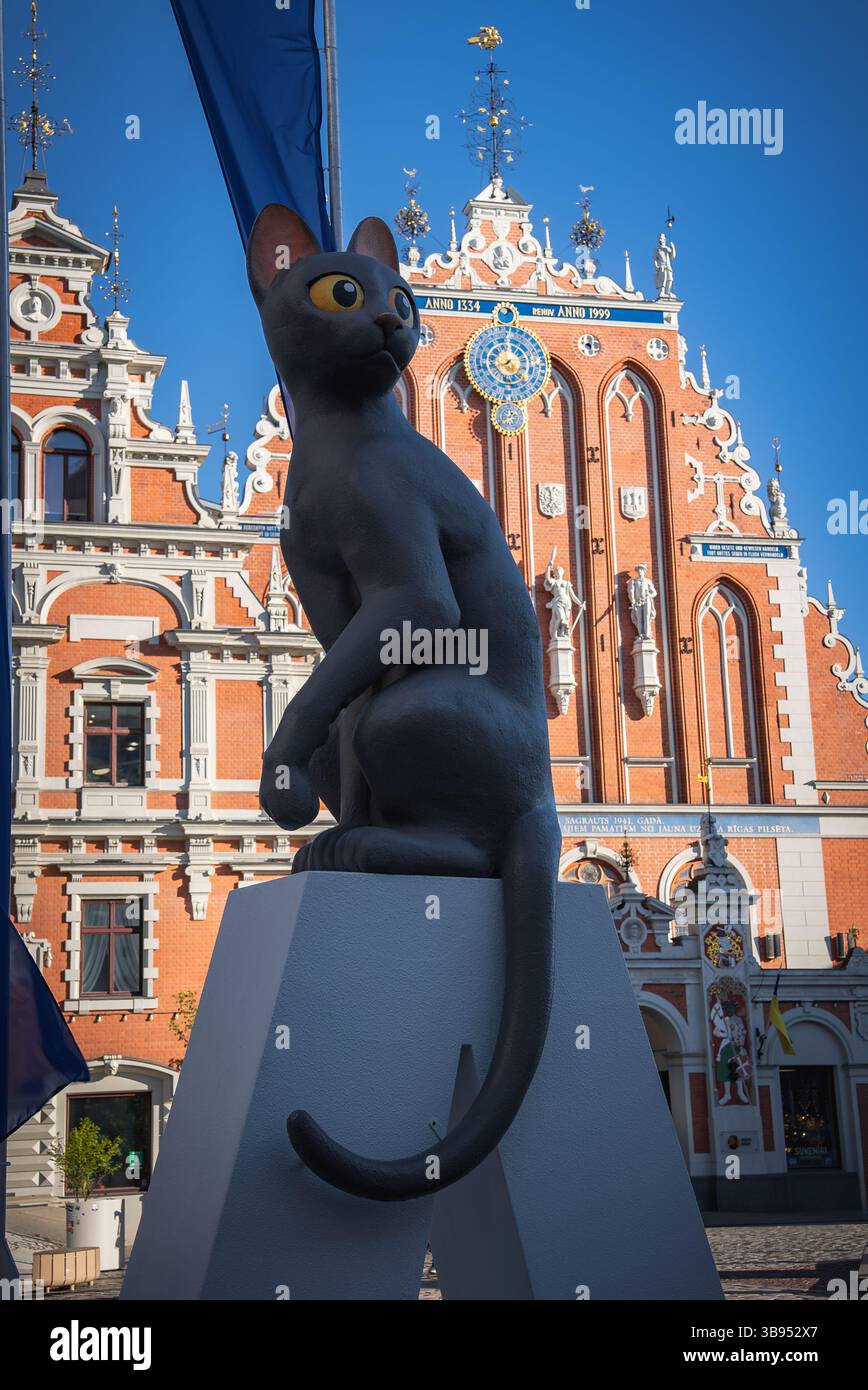 A black Flow cat statue with expressive eyes on a white pedestal, set ...