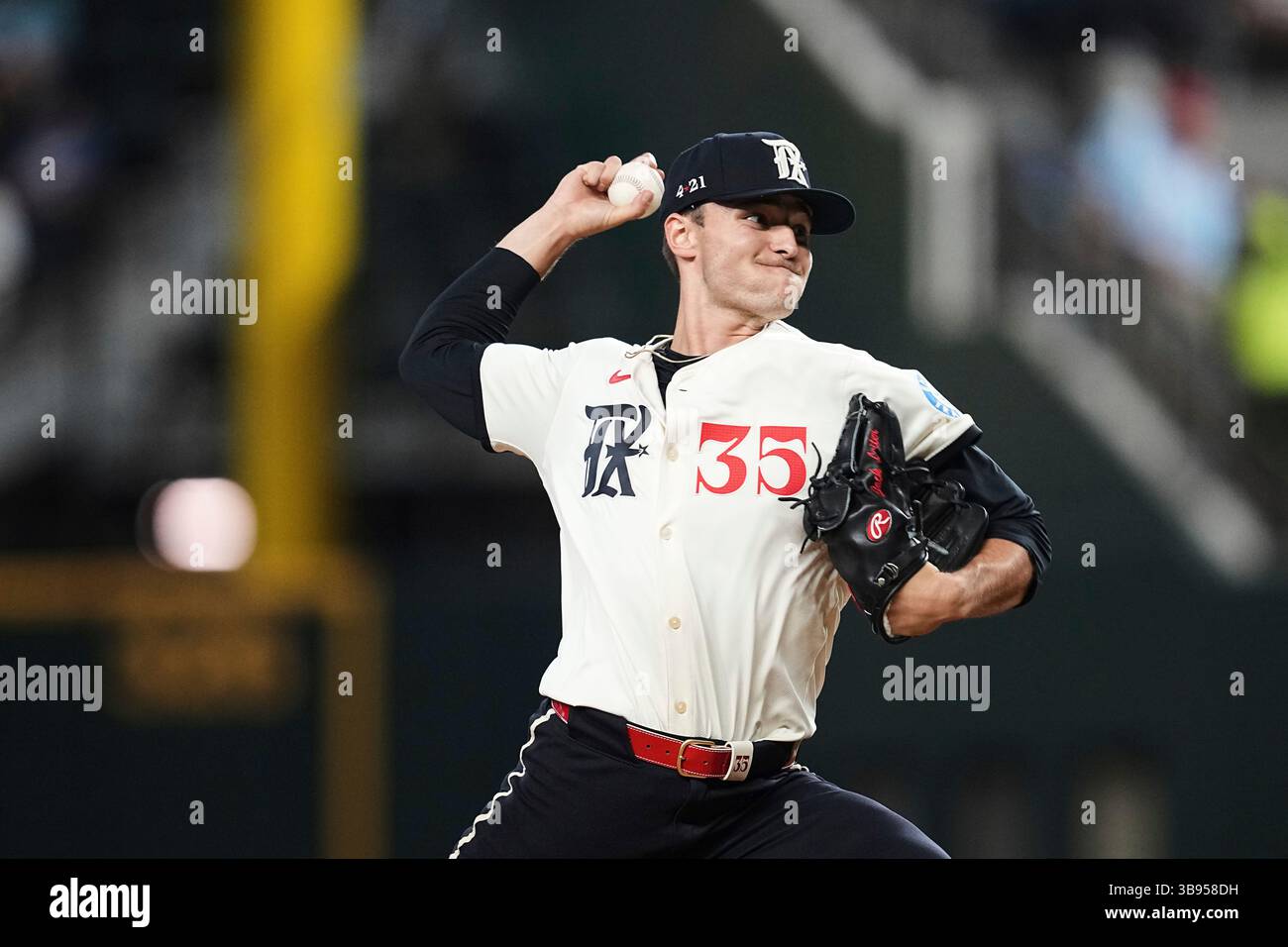 Texas Rangers starting pitcher Jack Leiter throws to the Boston Red Sox ...