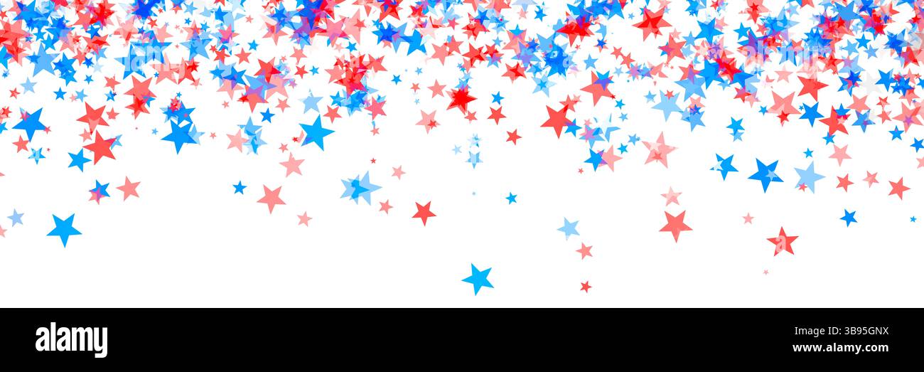 Scattered red and blue stars falling over white background for USA ...