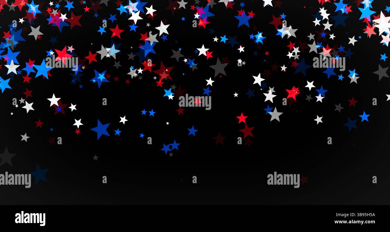 Scattered red and blue stars falling over black background for USA ...