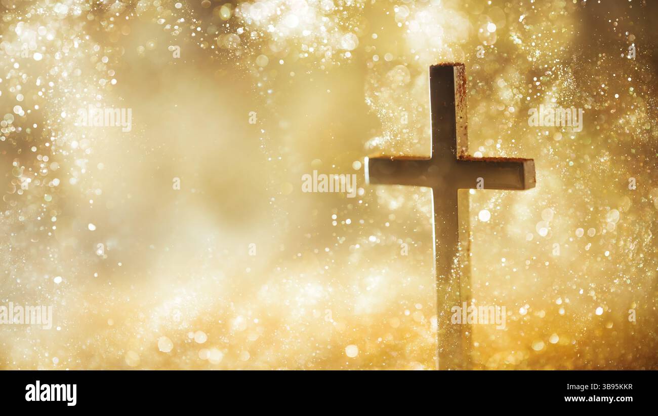 Religious cross in abstract wallpaper with shining gold sparkles and ...