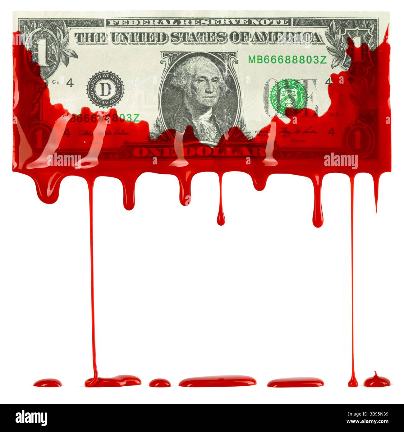 US American dollar bill covered and dripping with red blood. Showing ...