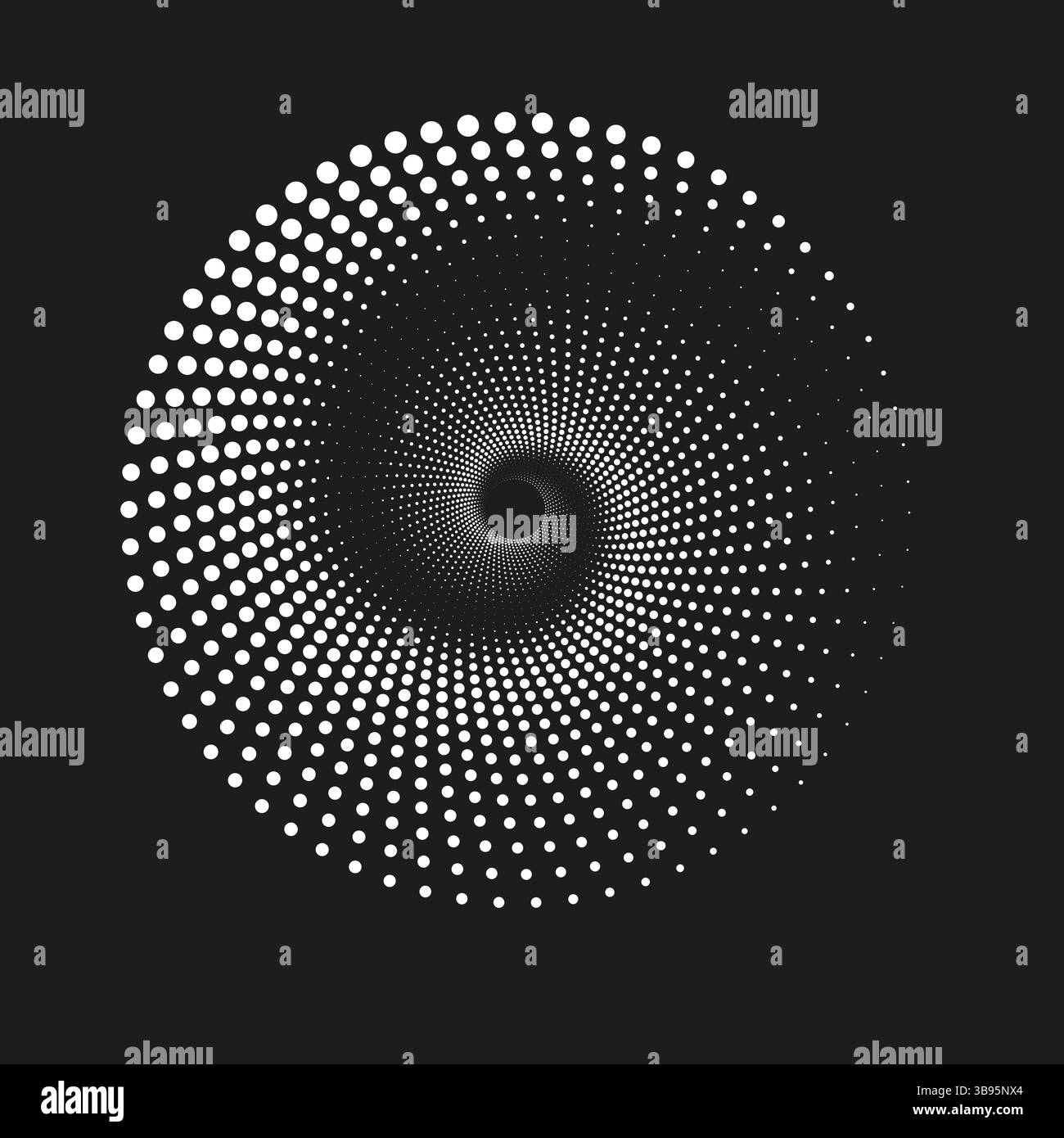 Black spiral dots. Abstract circular motion. Concentric halftone shape. Vector contrast illusion ...