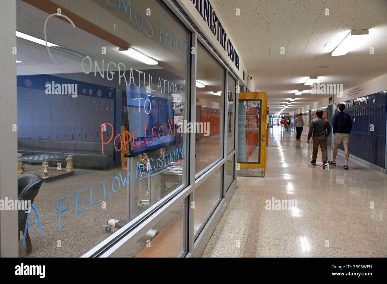 A message written on a window inside St. Rita high school where the new ...