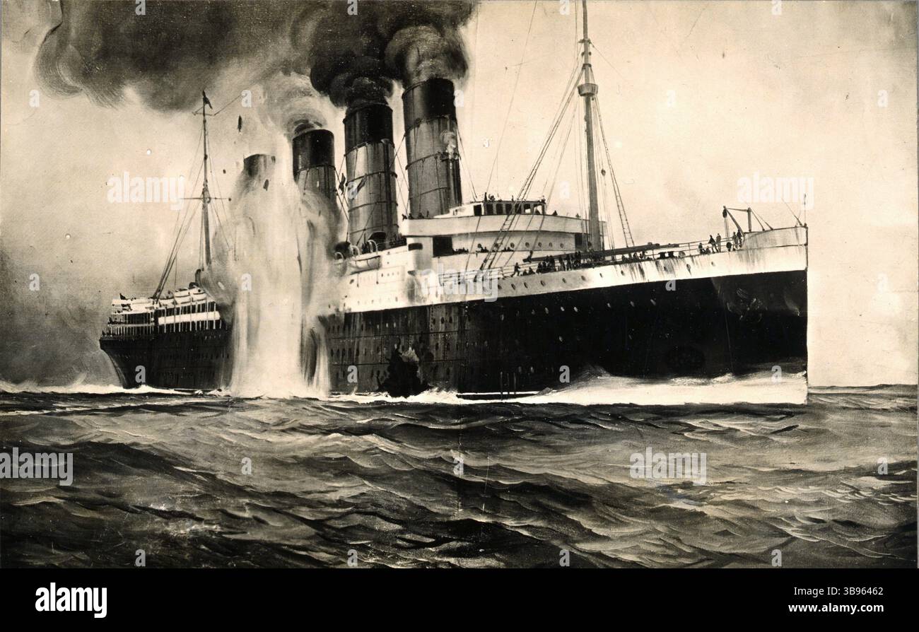 An artists impression of the sinking of the Lusitania. Lusitania was a ...
