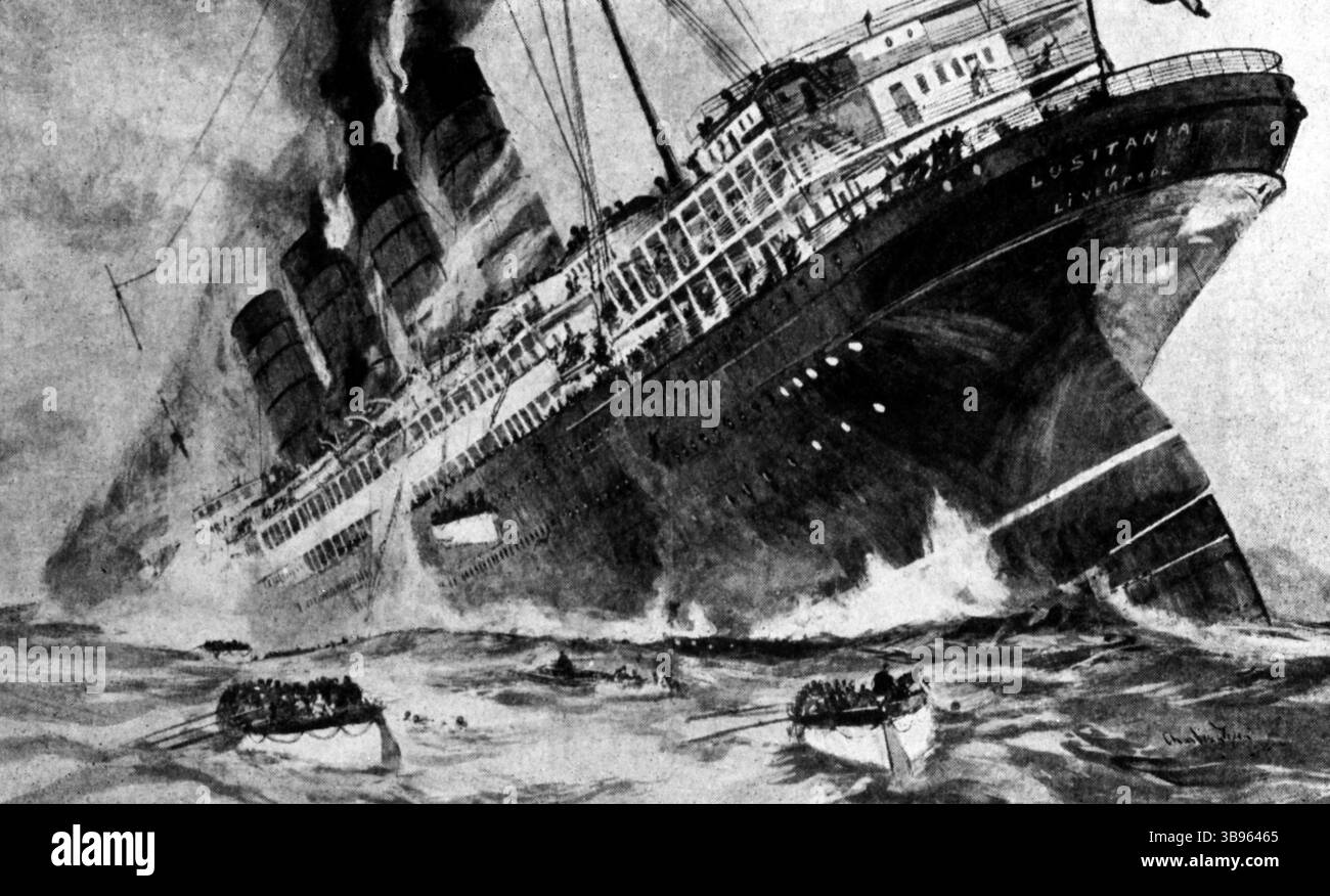 An artists impression of the sinking of the Lusitania. Lusitania was a ...