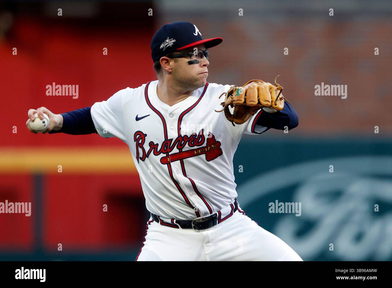 Atlanta Braves shortstop Nick Allen throws to first base for the out on ...