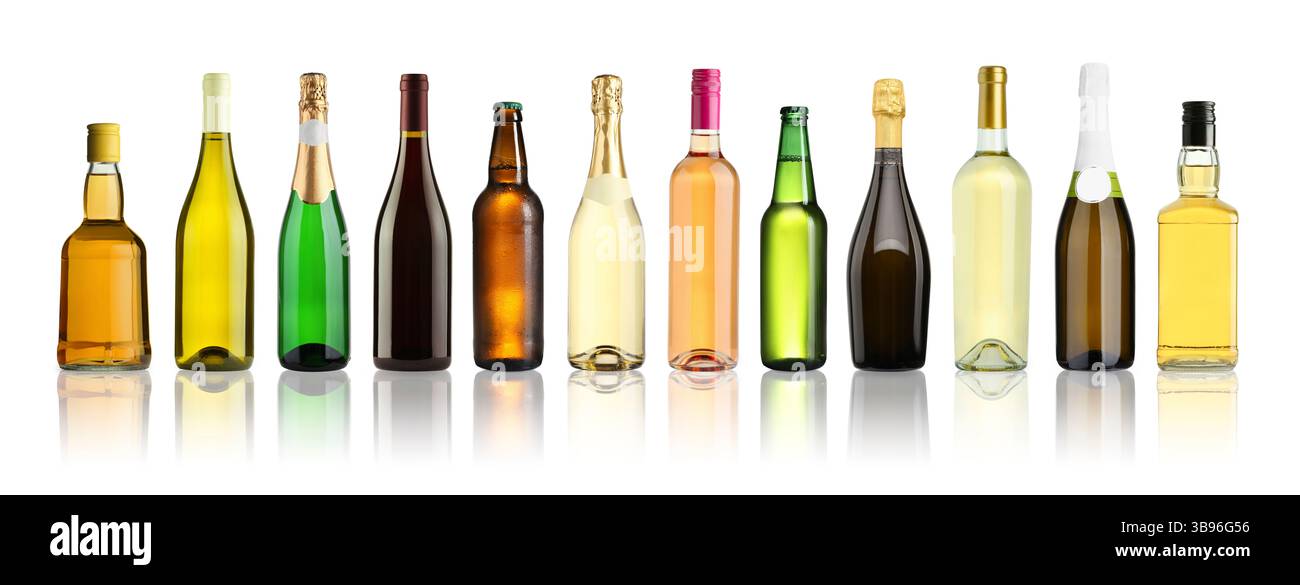 Bottles with different types of alcoholic drinks isolated on white, set ...
