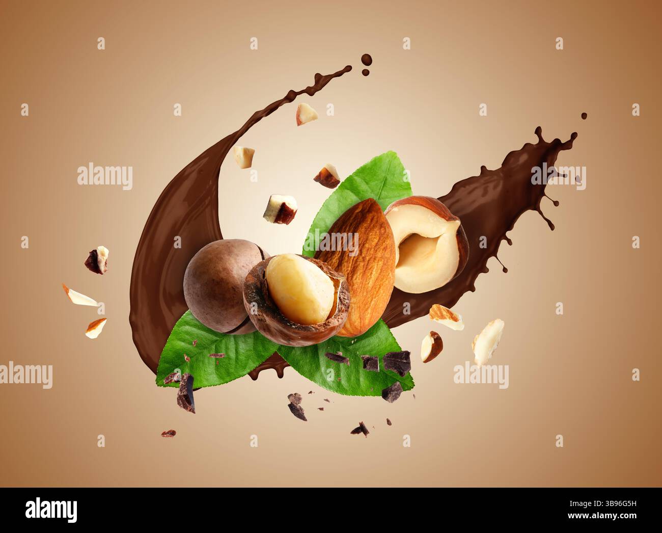 Chocolate splash with nuts on brown gradient background Stock Photo - Alamy