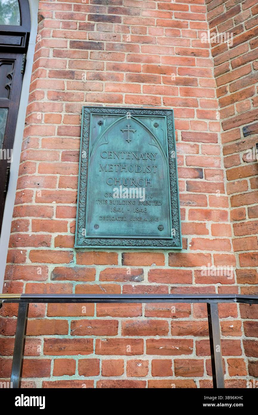 Bronze plaque on exterior brick wall at Centenary Methodist Church ...