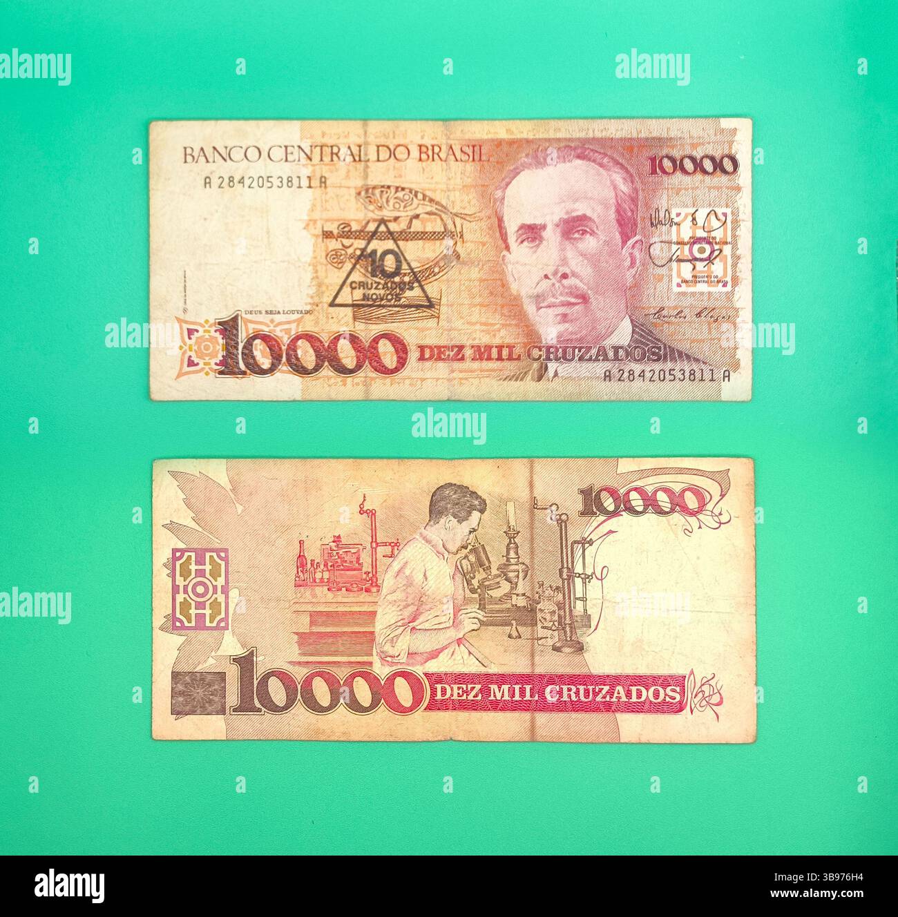 Old Brazilian ten thousand cruzado banknote from Brazil revalidated to ...