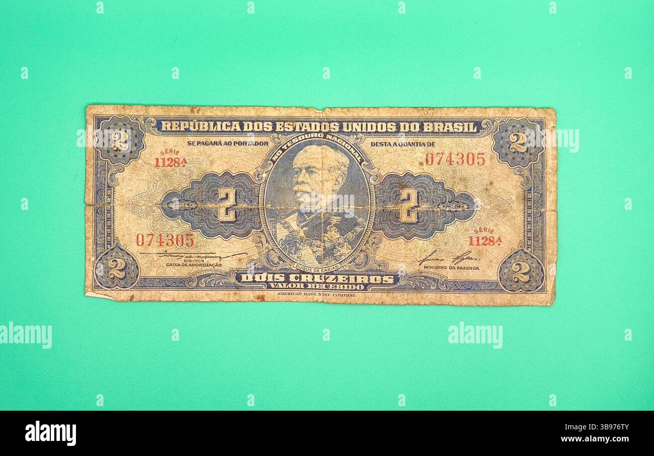 Old Brazilian banknote of two cruzeiros of Brazil with image of the ...