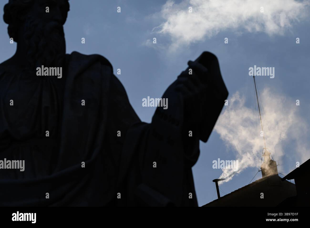 Vatican City, Italy. 08th May, 2025. White smoke rises from the chimney ...