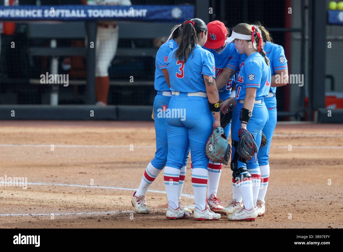 ATHENS, GA - MAY 08: Ole Miss players huddle up during the SEC Softball Championship ...