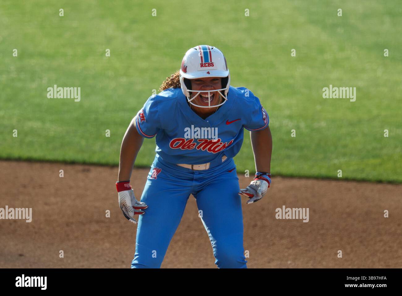 ATHENS, GA - MAY 08: Ole Miss infielder Aliyah Binford (4) screams on ...