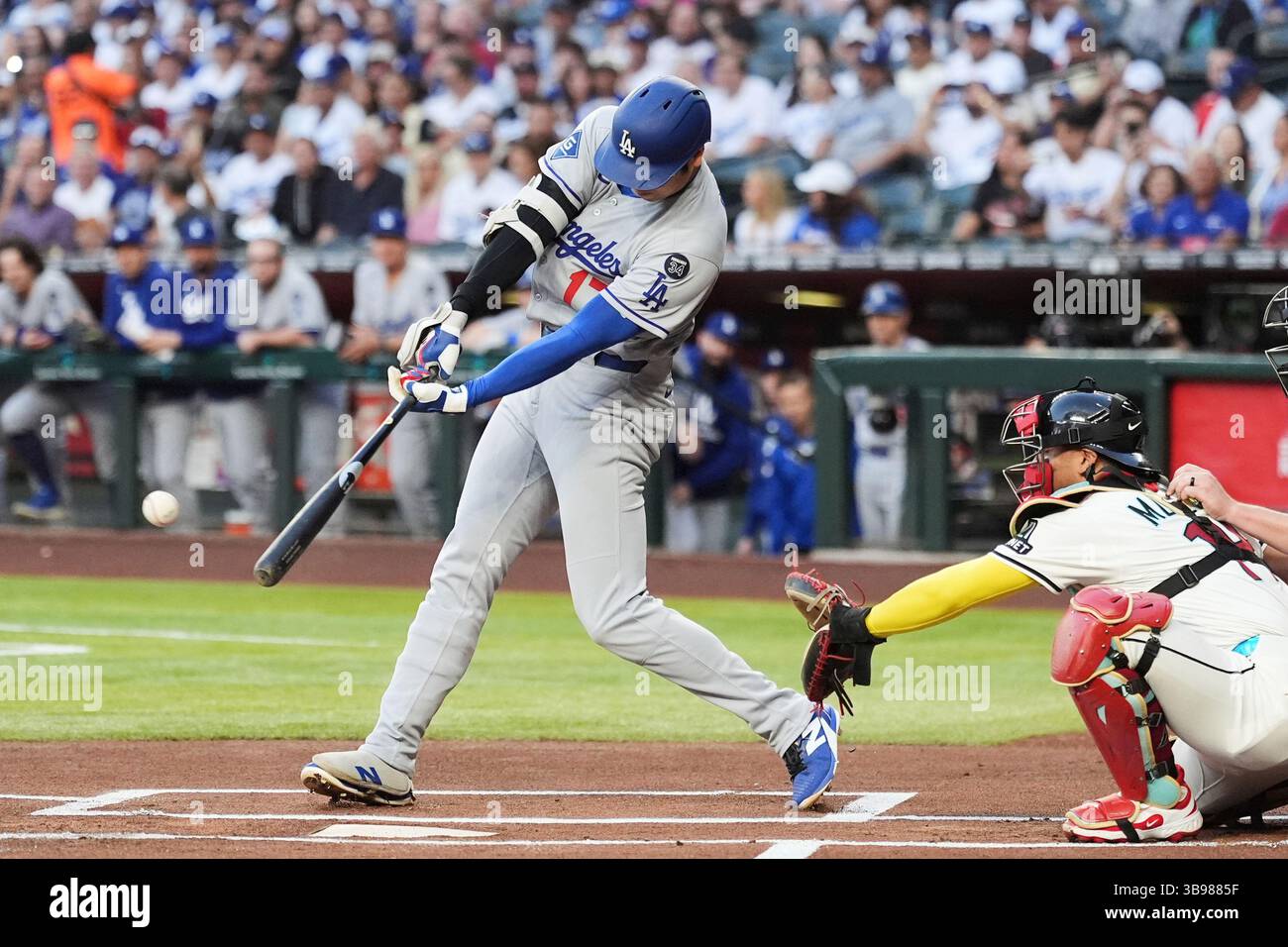 Los Angeles Dodgers designated hitter Shohei Ohtani, of Japan, hits a ...