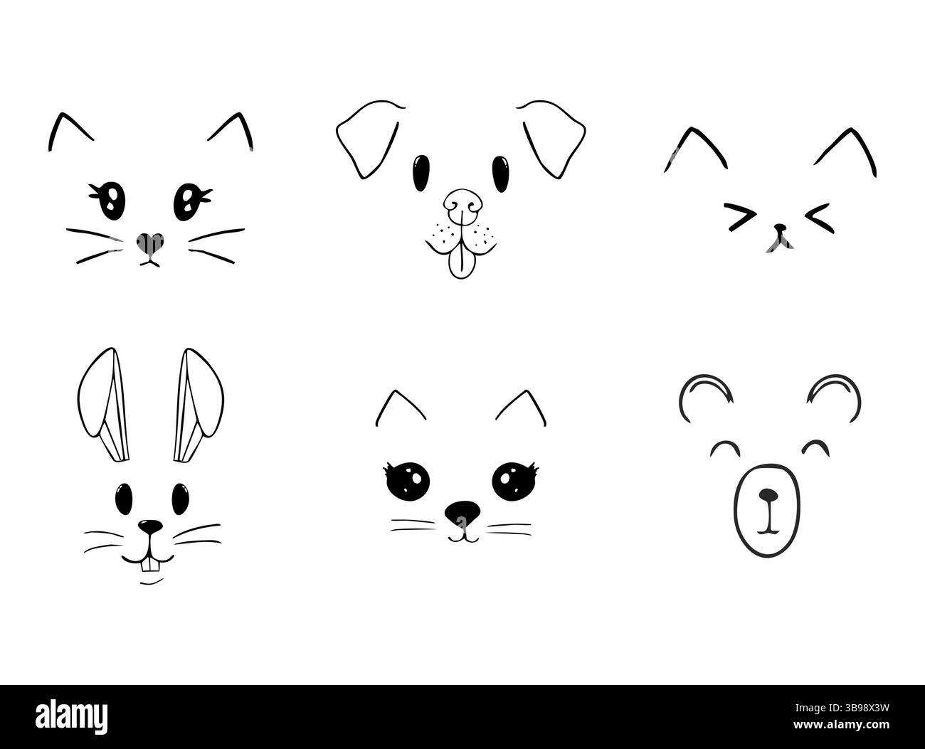 Cute animal faces, pet comic doodle with expressions. Set heads with ...