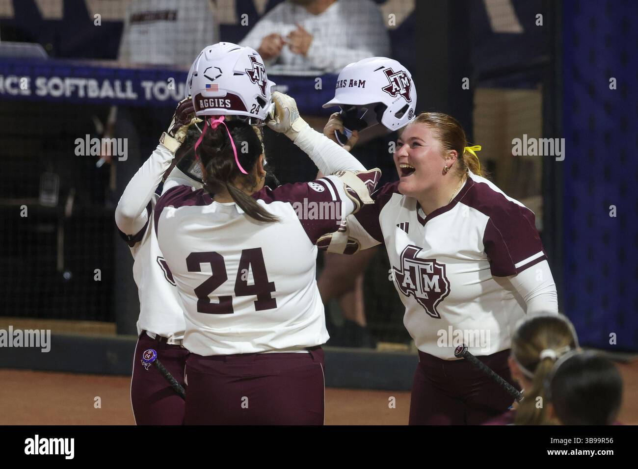 ATHENS, GA - MAY 08: Texas A&M infielder Mya Perez (24) is met at home ...