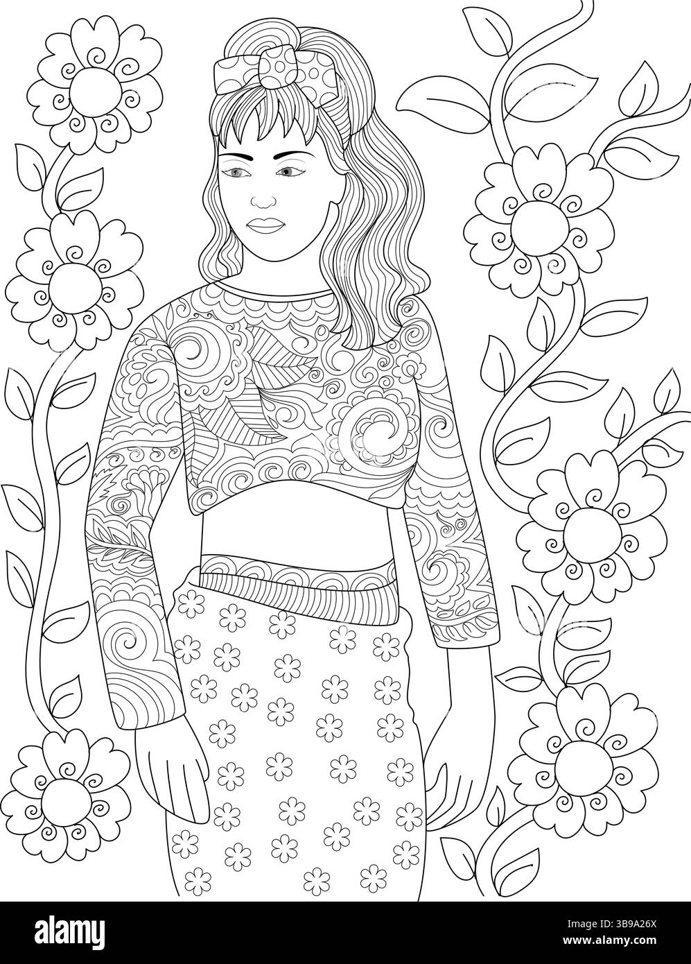 Black and white outline illustration of a woman in 1980s inspired ...