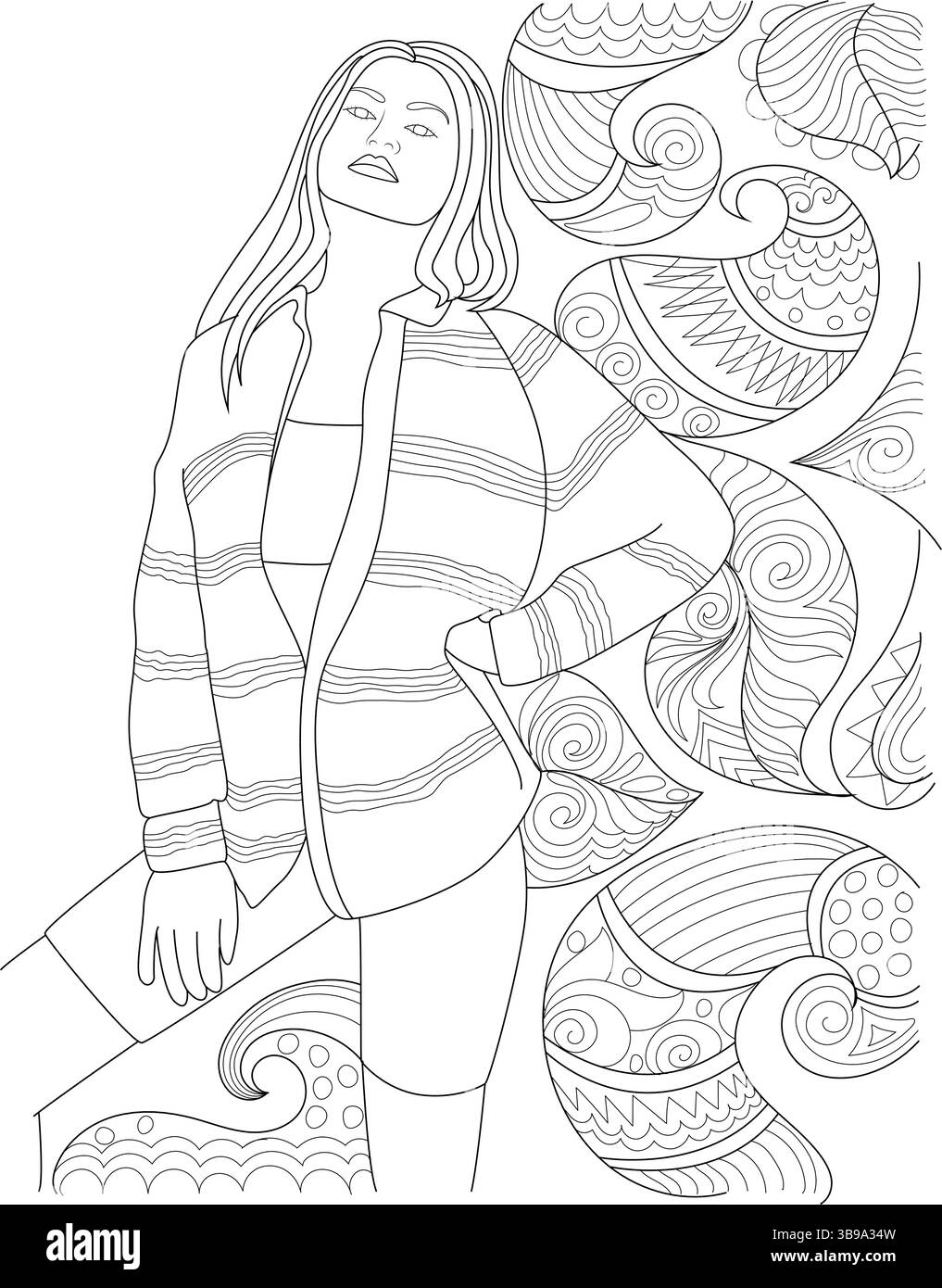 Black and white line art illustration of a stylish woman dressed in 90s ...
