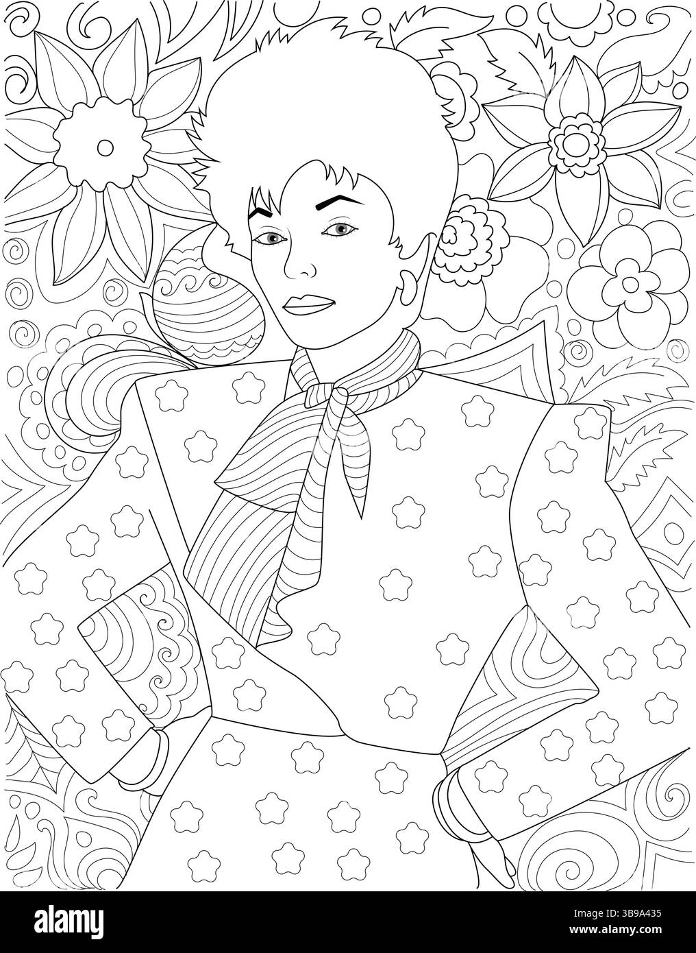 Black and white line art illustration featuring a person dressed in ...