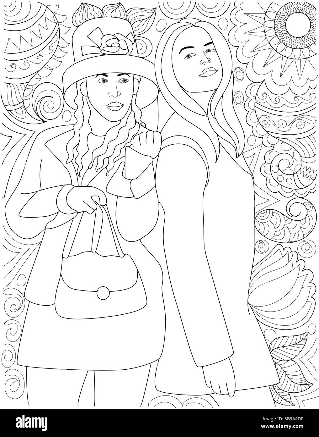 Black and white line art illustration of two women in 90s fashion. One ...