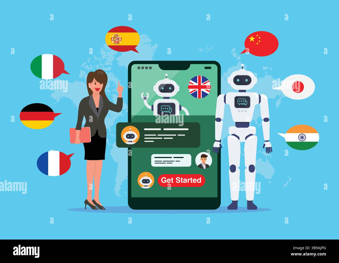 Business woman is learning different foreign languages with chat bot. Chat GPT. Artificial ...