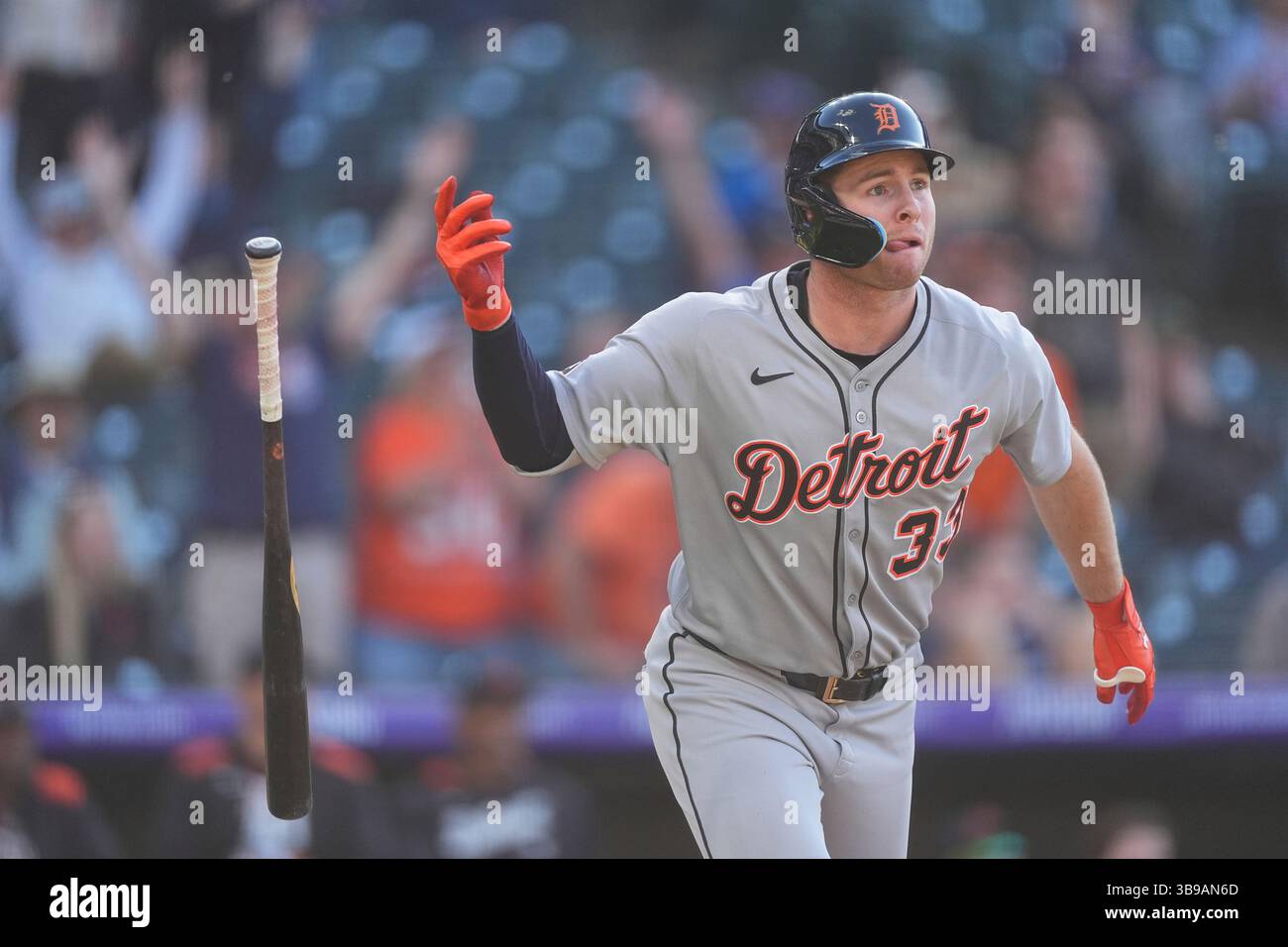 Detroit Tigers second baseman Colt Keith (33) flips his bat as he heads ...