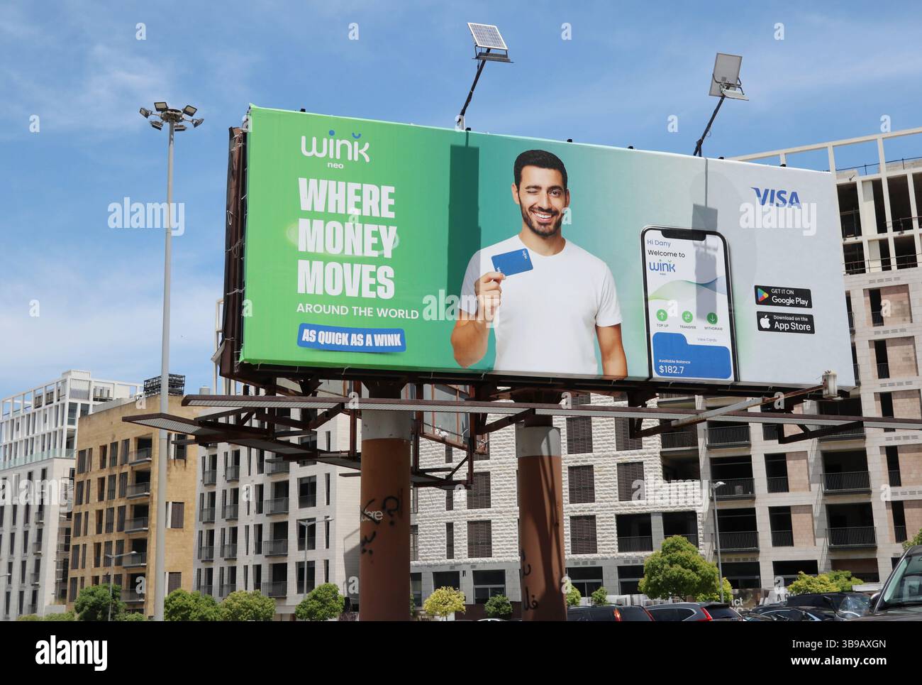 Beirut, Lebanon. 08th May, 2025. An ad of Visa's money transfert service seen in Beirut, Lebanon ...