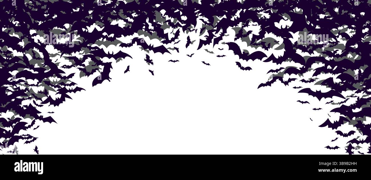 White background with black silhouette of flying bats flock. Halloween ...