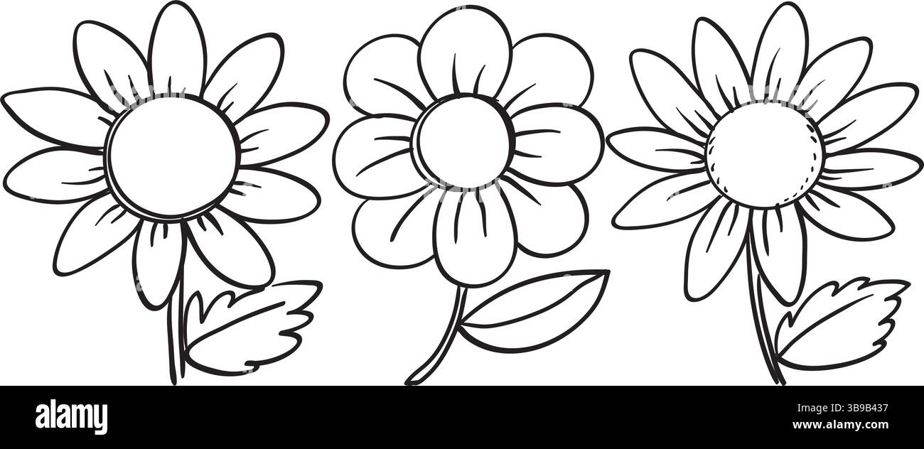 Black and white vector illustration of three stylized flowers with bold ...