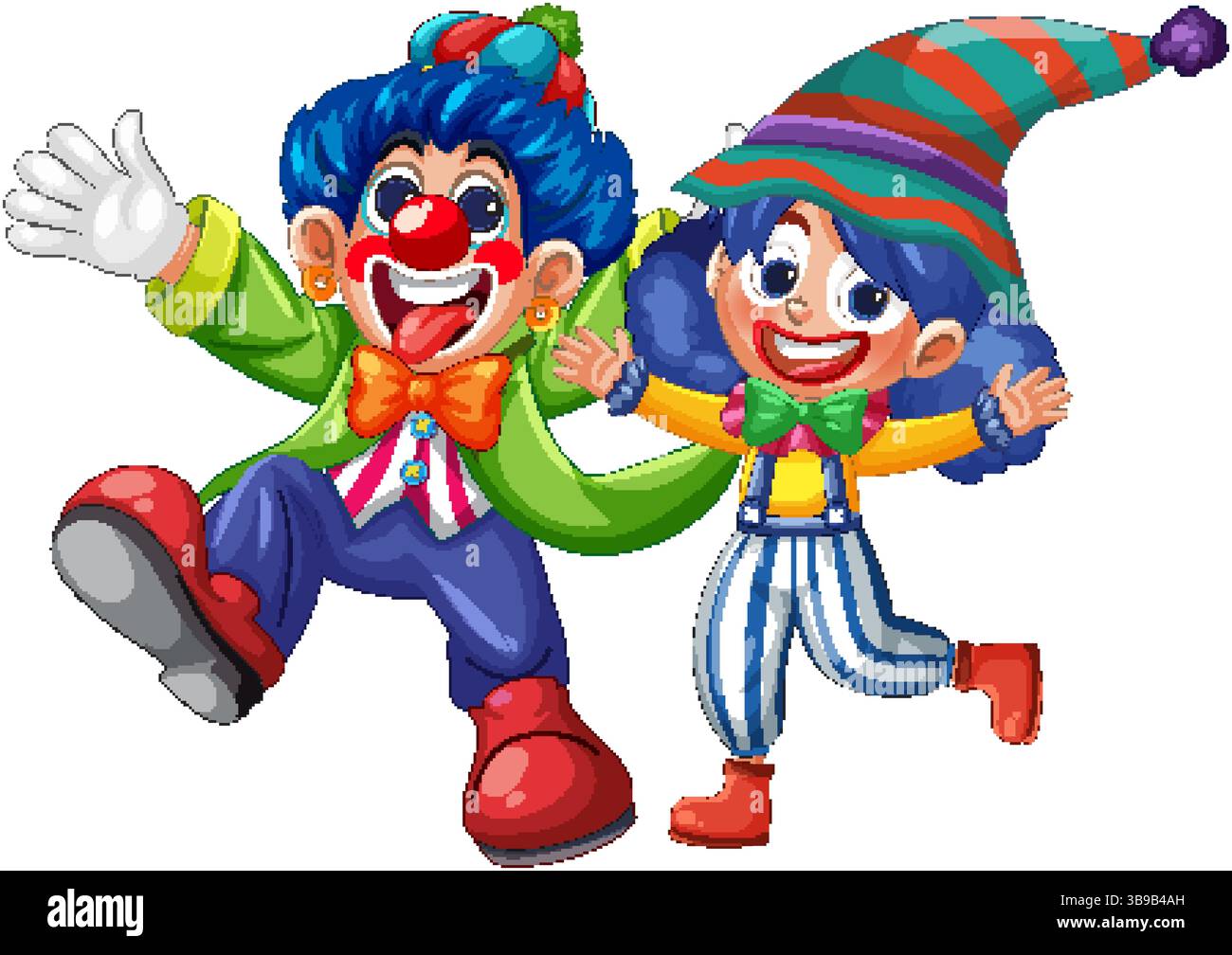 Two vibrant clowns with exaggerated features and bright costumes ...