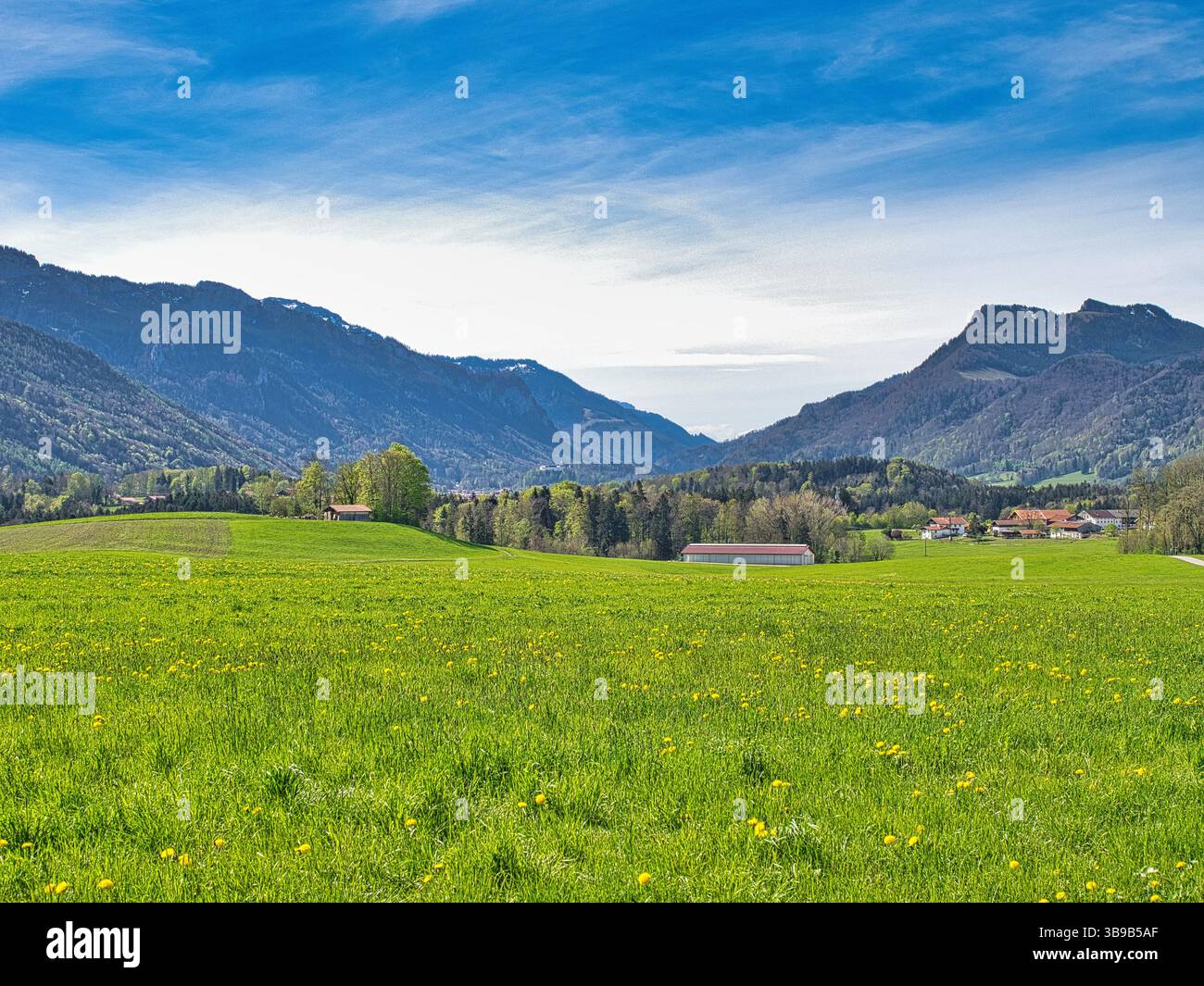 Expansive alpine landscape with lush green fields and distant peaks ...