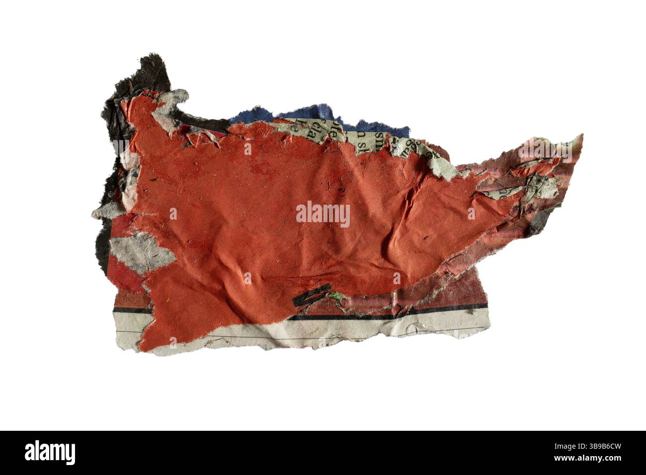 A red flag shape collage from torn old newspaper on white background ...